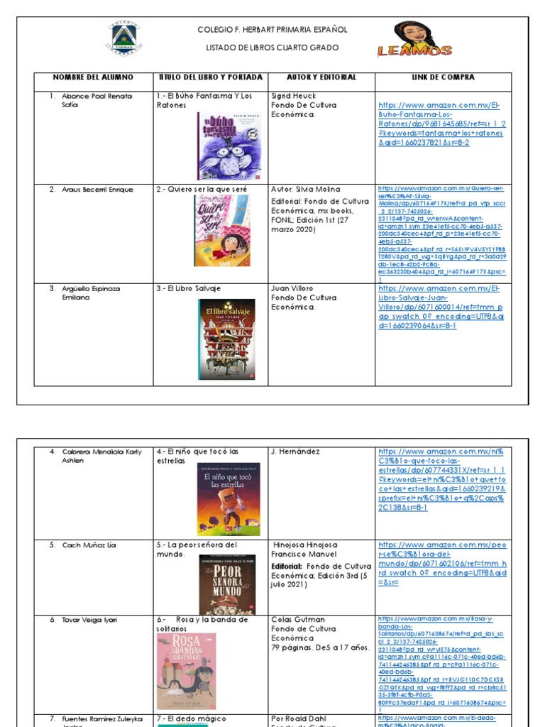 Libros para Lectura - 4to C | PDF