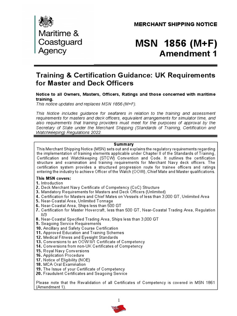 Merchant Shipping Notice 1856 Amendment 1 | PDF | Diploma | Water Transport