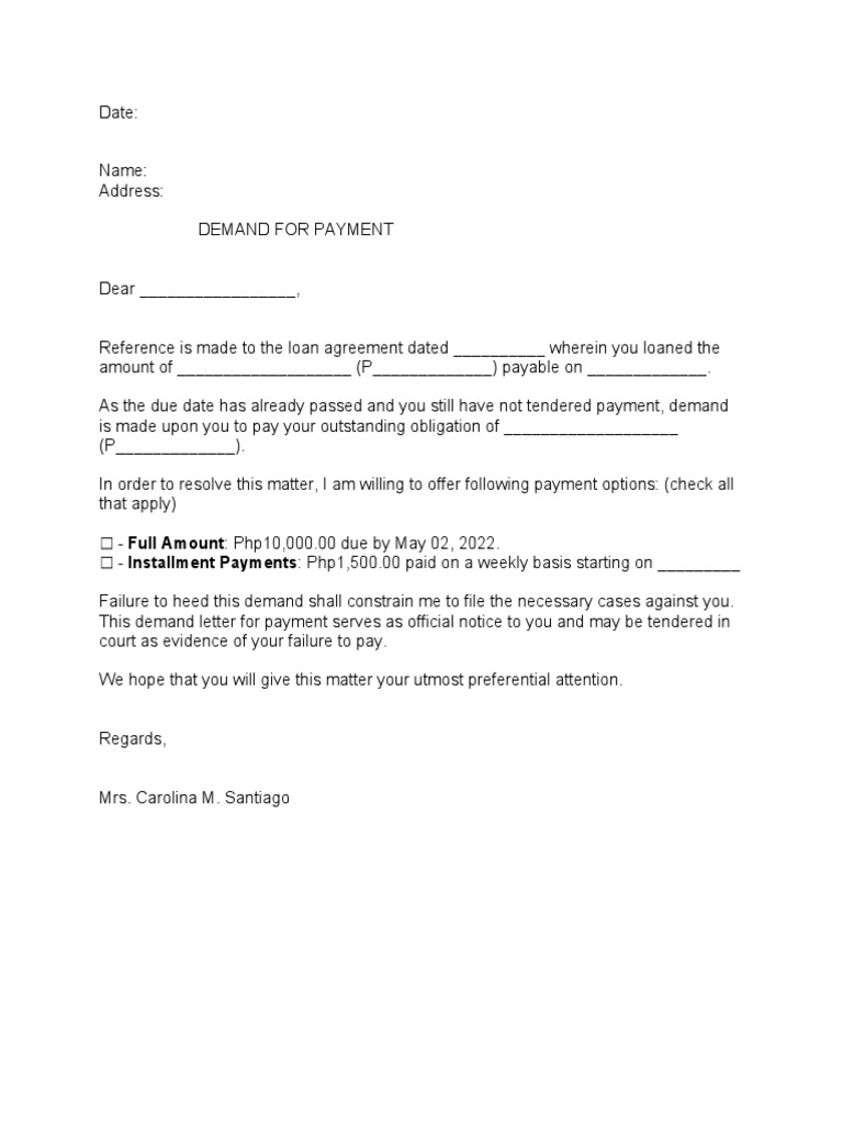 Demand Letter for Loan Payment | PDF