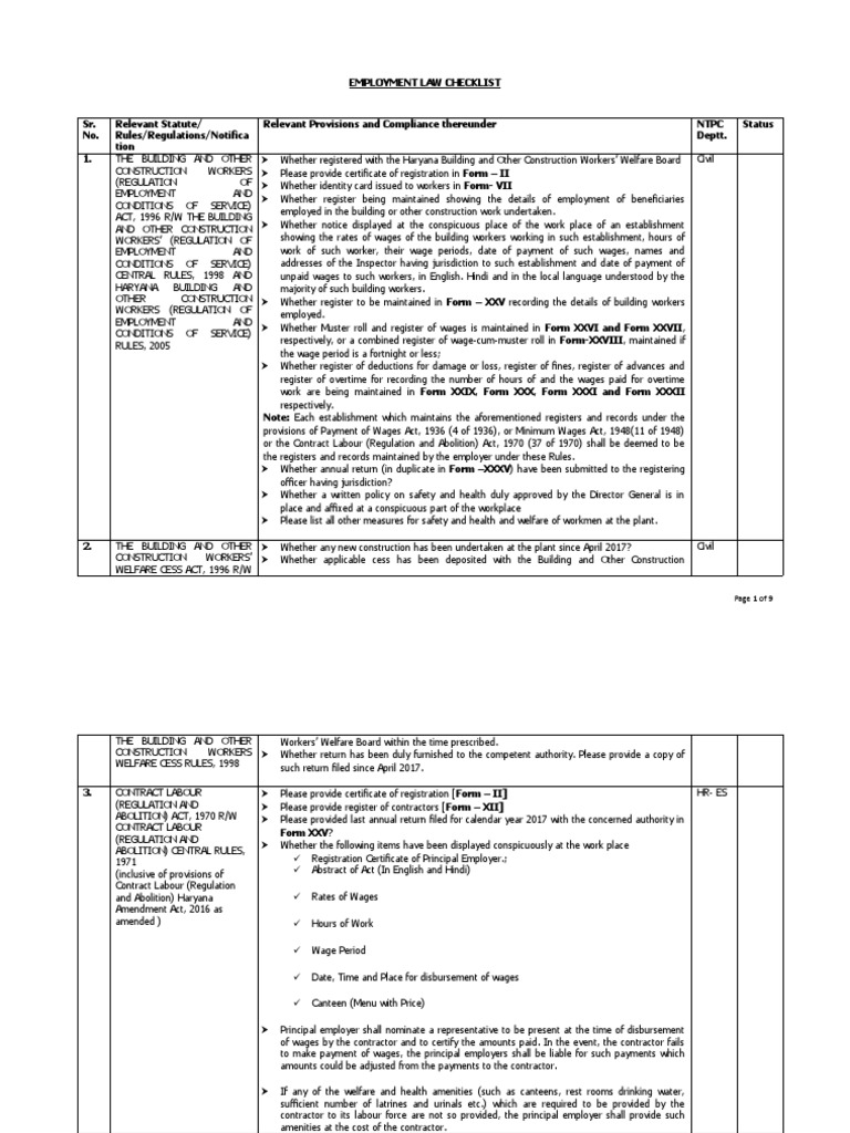 Legal Audit Checklist - Labour & Employment | PDF | Employment | Labor