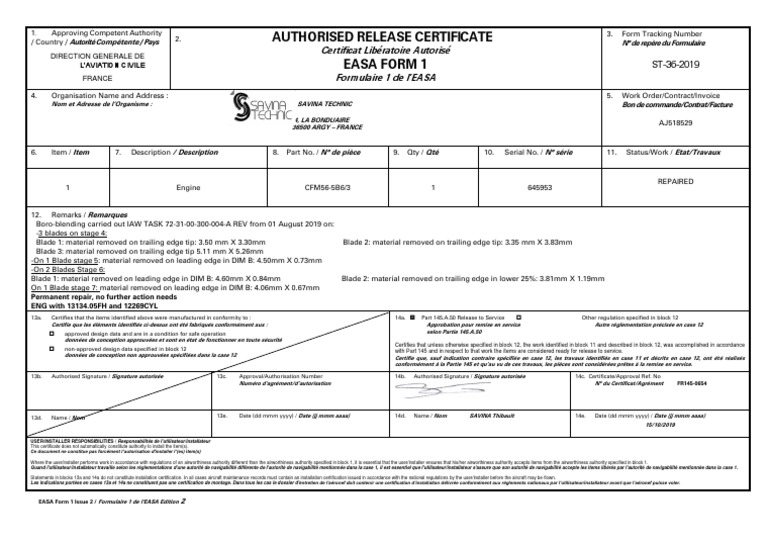 Certificat de Libération EASA Form 1 | PDF | Aéronautiques | Qualifications