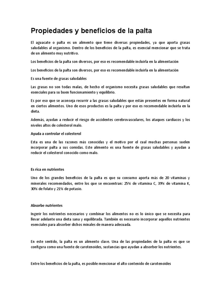Beneficios de la Palta para la Salud | PDF | Alimentos | Nutrientes