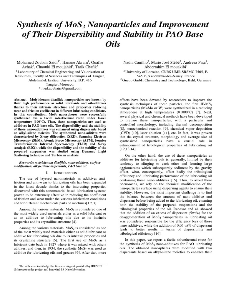 Enhanced Dispersibility of MoS2 Nanoparticles in Poly-α-Olephines Lubricant Through Surface ...