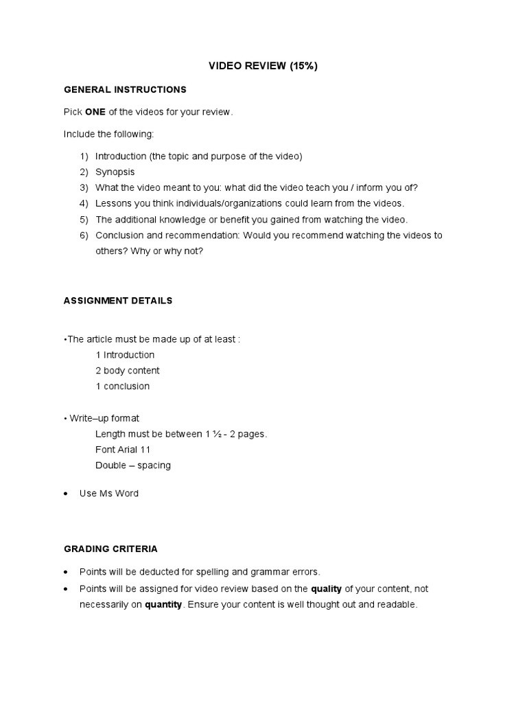 Video Review Assignment Guidelines | PDF