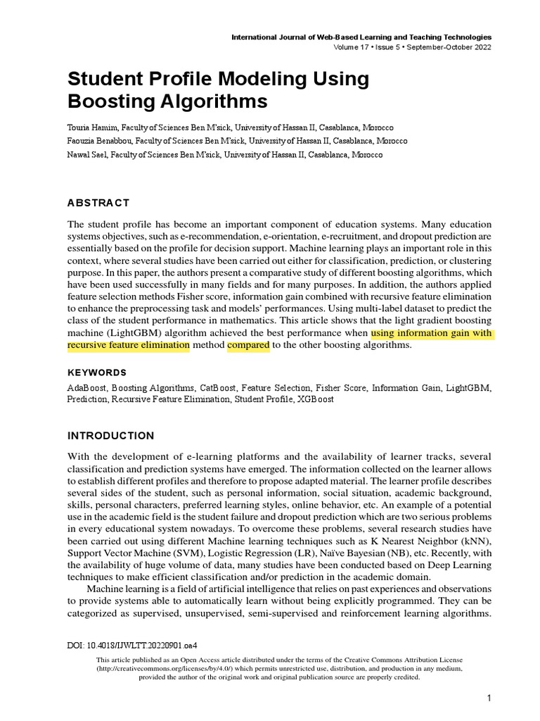 Student Profile Modeling Using Boosting Algorithms | PDF | Machine Learning | Statistical ...