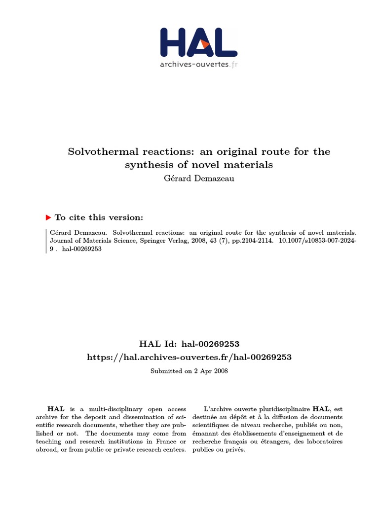 Solvothermal and Hydrothermal Synthesis | PDF | Chemical Reactions | Solvent