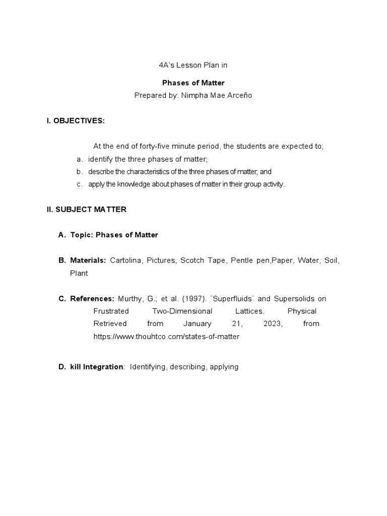 4as Phases of Matter | PDF | Teachers | Matter