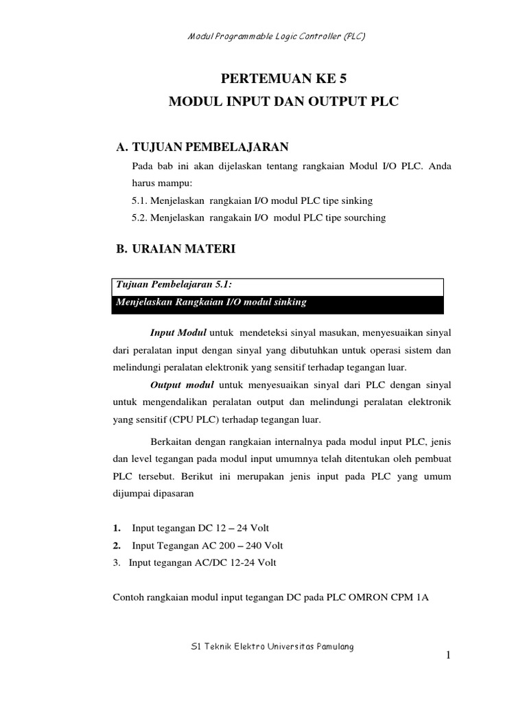 Pertemuan Ke-5 Modul Input Dan Output PLC | PDF Pertemuan Ke-5 Modul Input Dan Output PLC | PDF