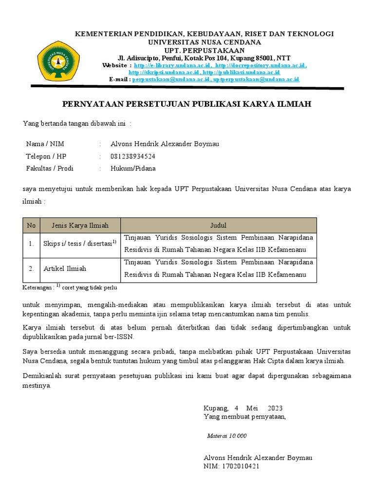 Pernyataan Persetujuan Publikasi Karya Ilmiah | PDF