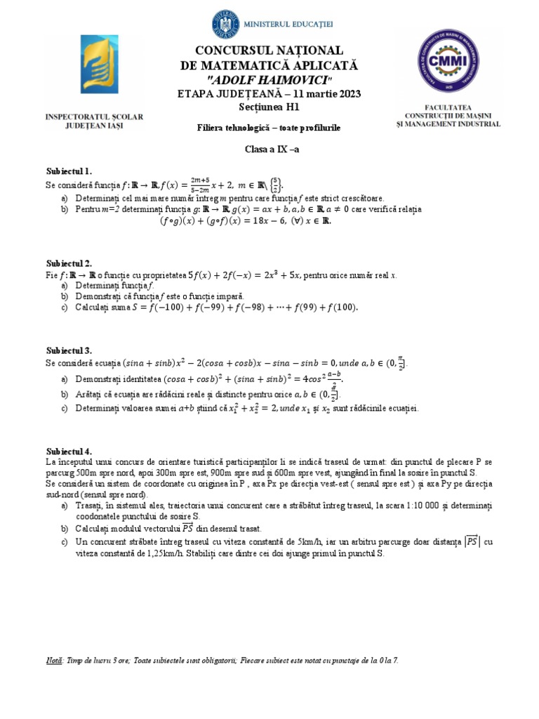 Subiecte Si Bareme ADOLF HAIMOVICI Et Jud 11 Martie 2023 | PDF
