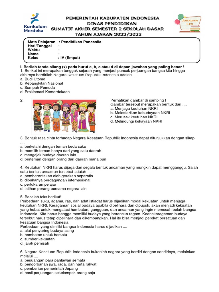 Soal PAT Pendidikan Pancasila Kelas 4 Semester 2 Kurikulum Merdeka T.A 2022-2023 | PDF