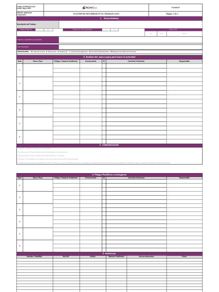 R-HSEQ-S-023 Análisis de Seguridad en El Trabajo - AST - V8 | PDF