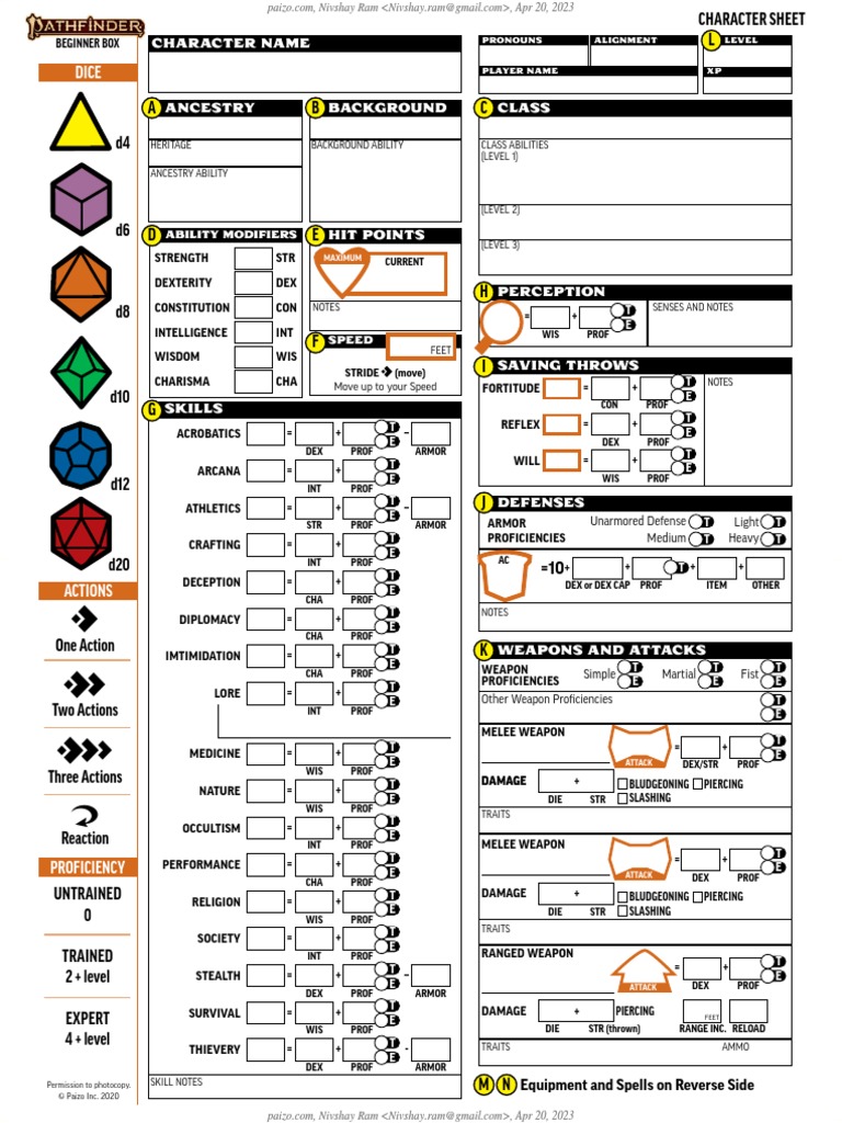PZO2106 Character Sheet - Pathfinder 2e Beginner Box | PDF