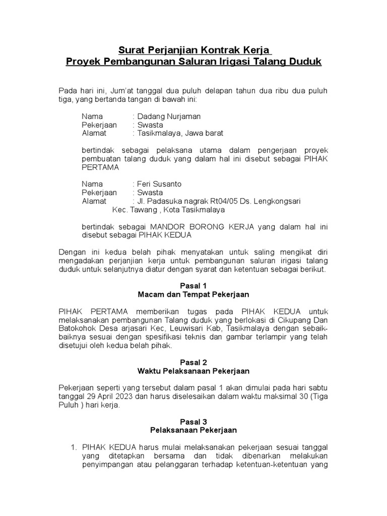 Kontrak Kerja Proyek Irigasi Talang Duduk | PDF
