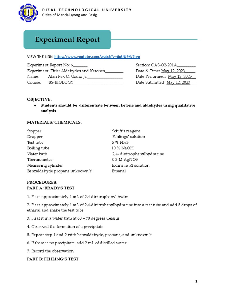 Experiment No.6 Aldehydes and Ketones | PDF | Aldehyde | Physical Chemistry