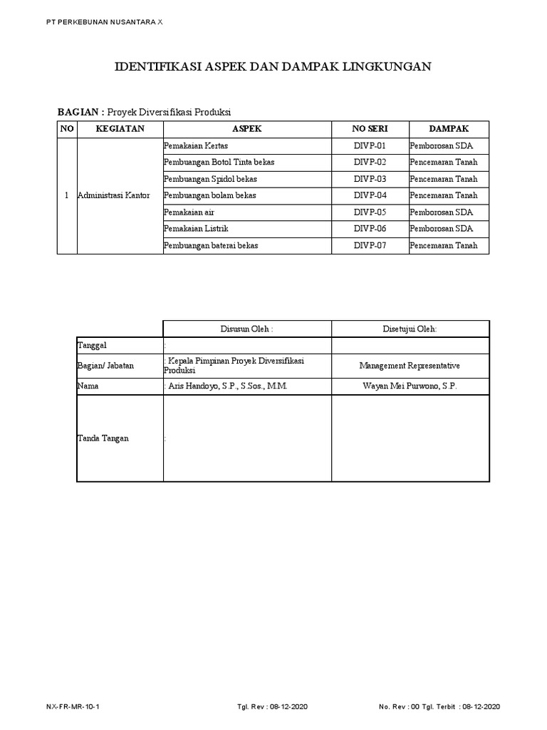 NX-FR-MR-10-1 Identifikasi Aspek Dan Dampak Lingkungan DIVP | PDF