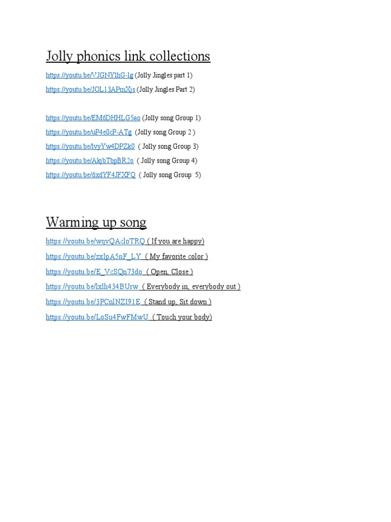 Jolly Phonics Song Links Collection | PDF