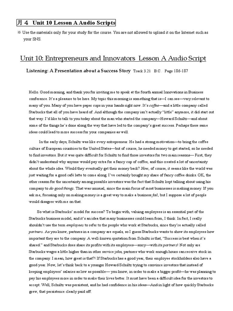 月4 Unit 10 Lesson A Audio Scripts | PDF | Starbucks | Employment