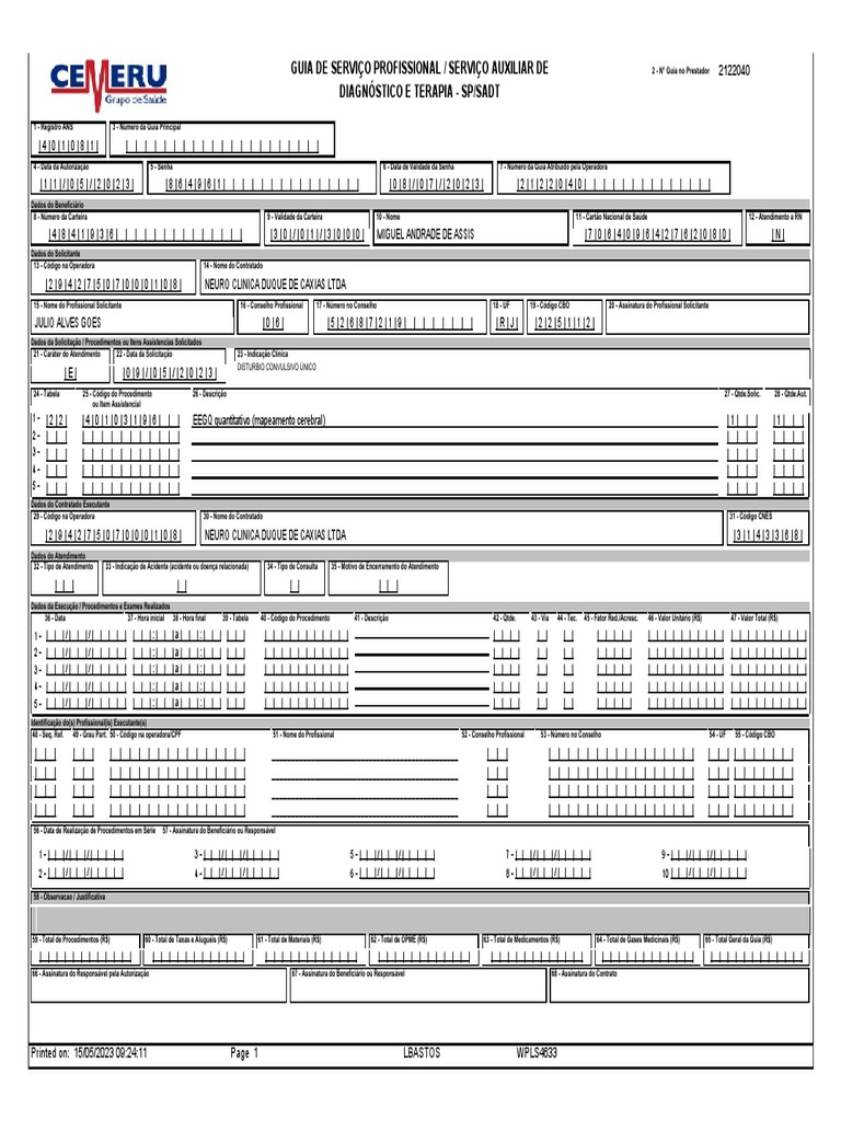 Guia de Serviço Profissional / Serviço Auxiliar de Diagnóstico E ...