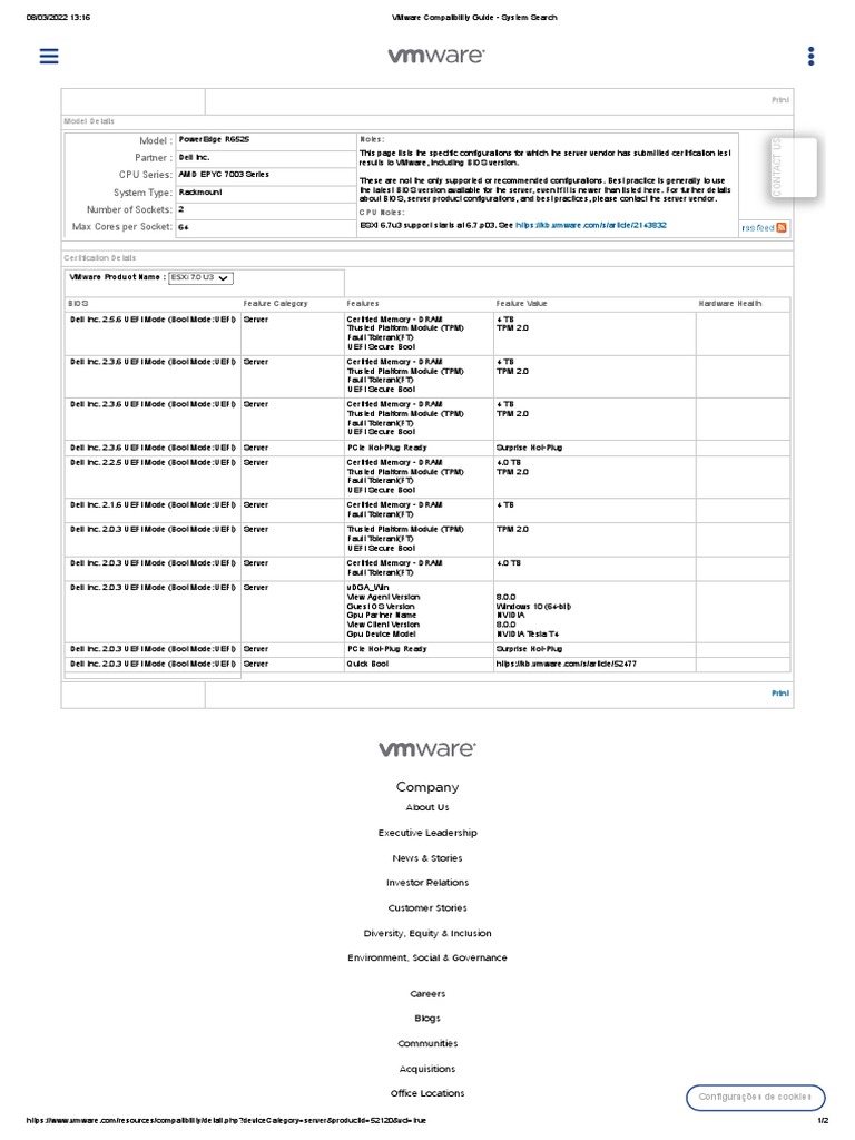 VMware Compatibility Guide-R6525-ESXi7.0 | PDF | Bios | Booting