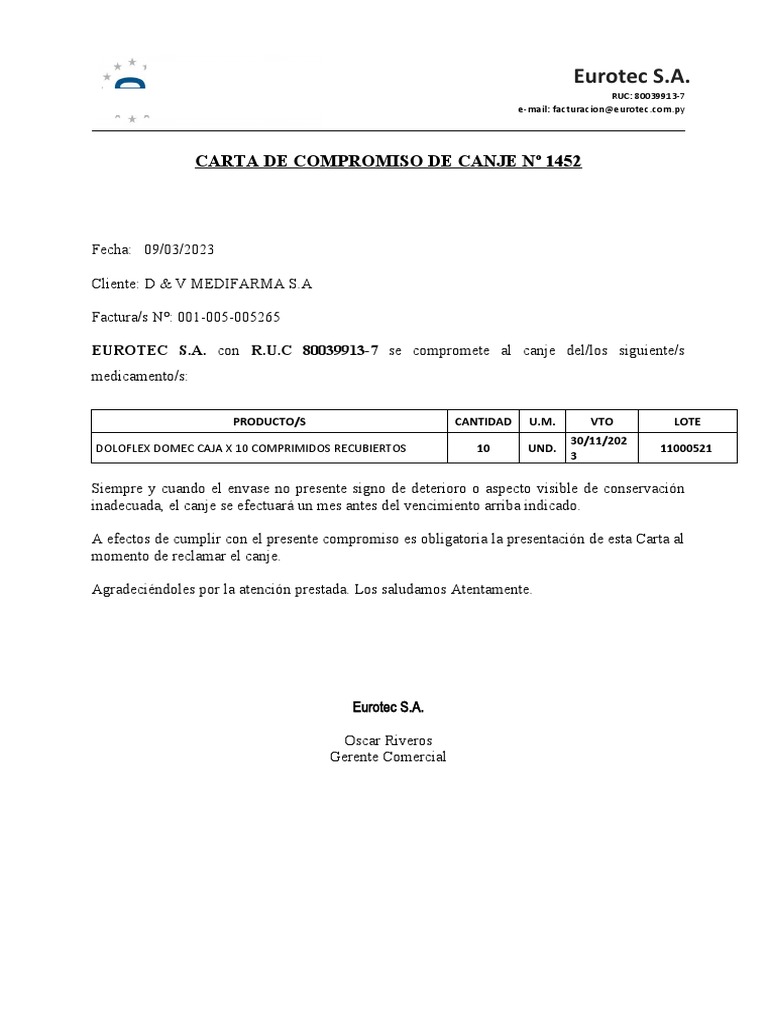 Nota de Canje Eurotec 1452 | PDF