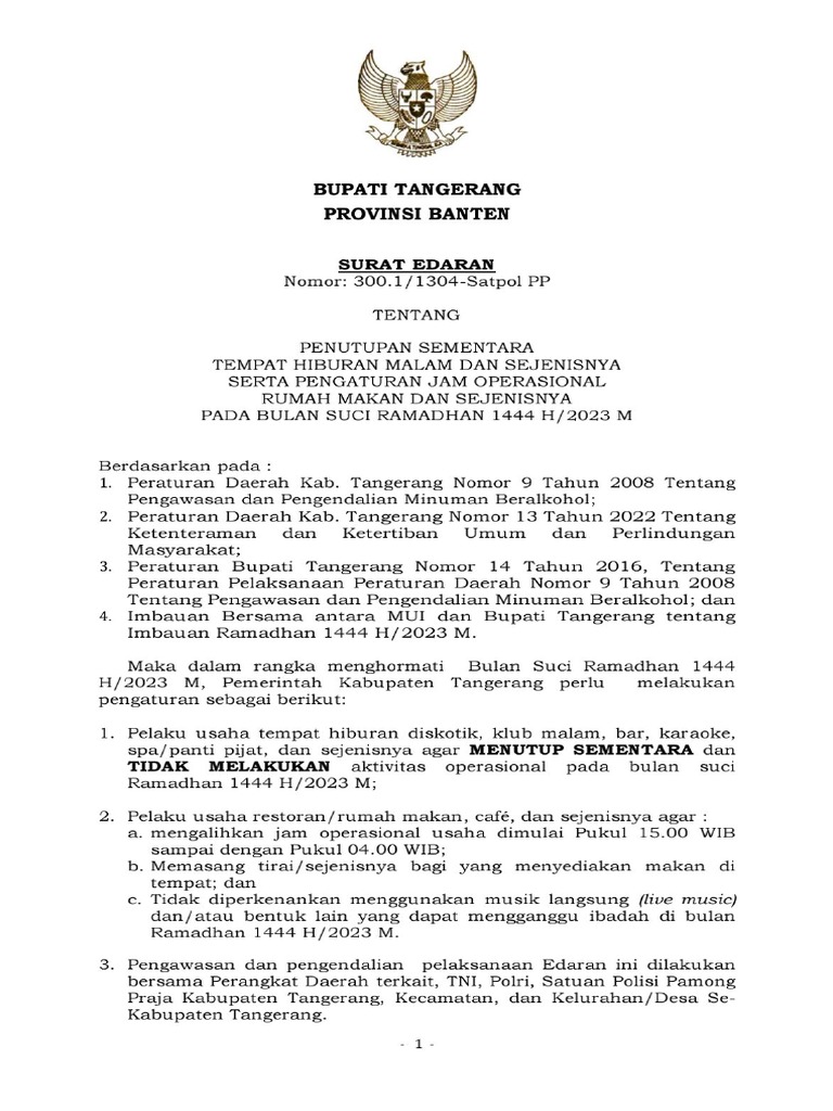 Edaran Bupati Tangerang TTG Penutupan Sementara Tempat Hiburan Malam DSJ Serta Pengaturan Jam ...