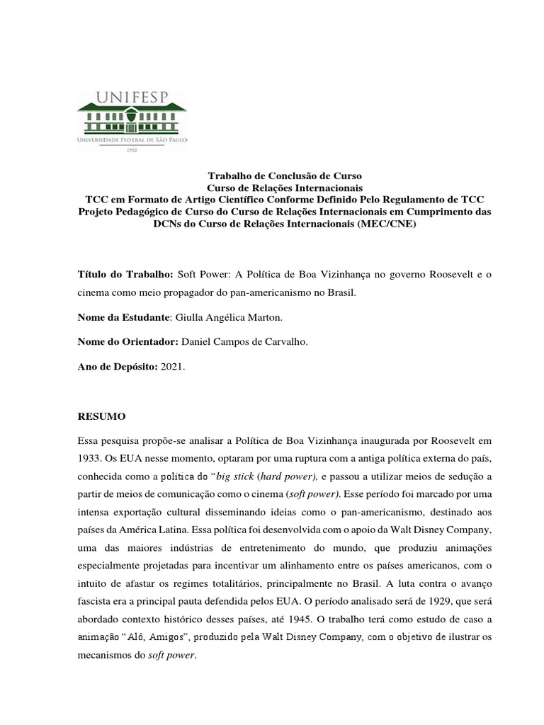 TCC de Graduação - Soft Power A Política de Boa Vizinhança No Governo ...