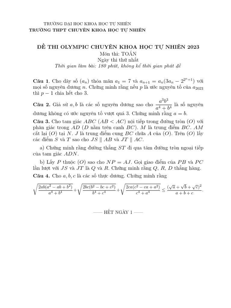 De Thi Olympic Mon Toan Nam 2023 Truong THPT Chuyen KHTN Ha Noi | PDF