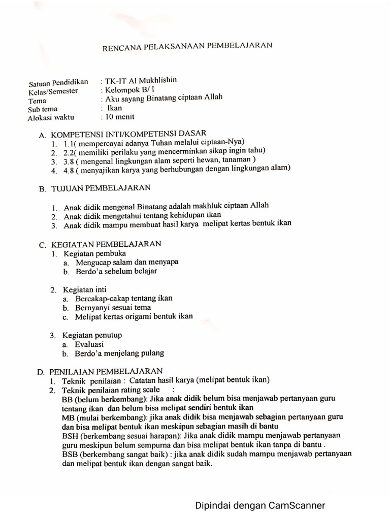 RPP TK Kelompok B Tema Binatang Dan Sub Tema Ikan | PDF