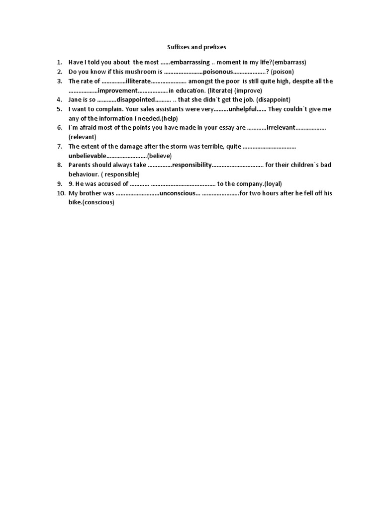 Suffixes And Prefixes Exercises Pdf