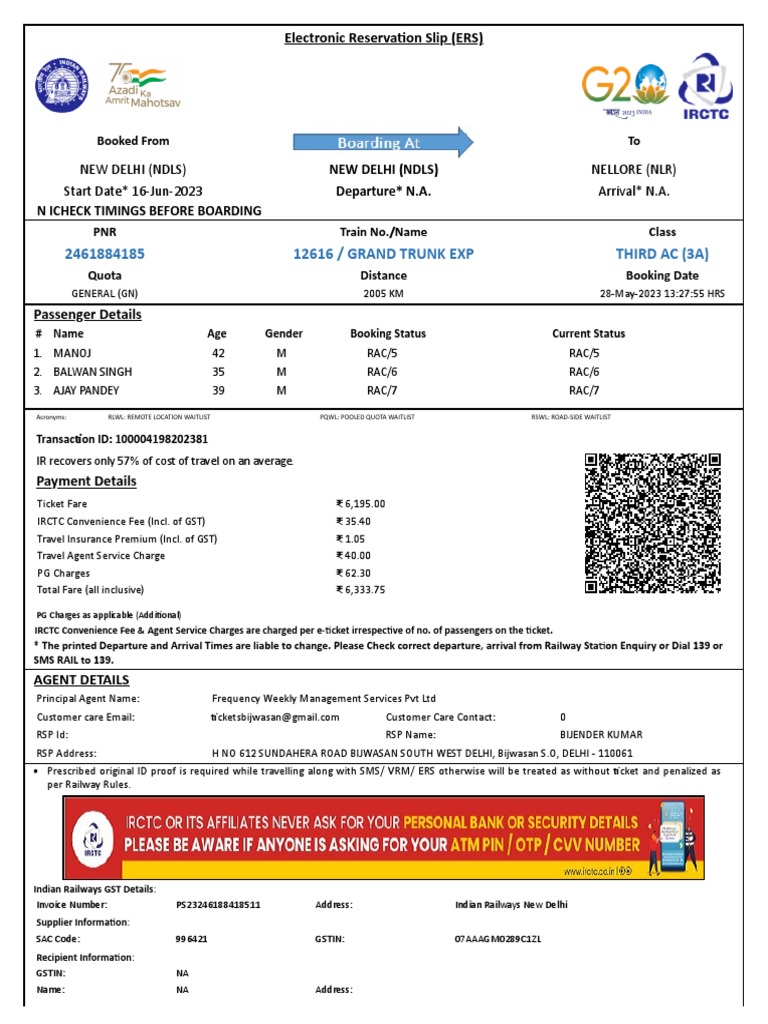 Grand Trunk Exp Third Ac (3A) : Booked From To | PDF | Transport ...