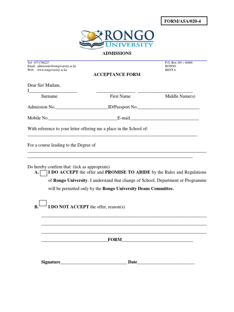 Acceptance Form Form Asa 020 4 | PDF