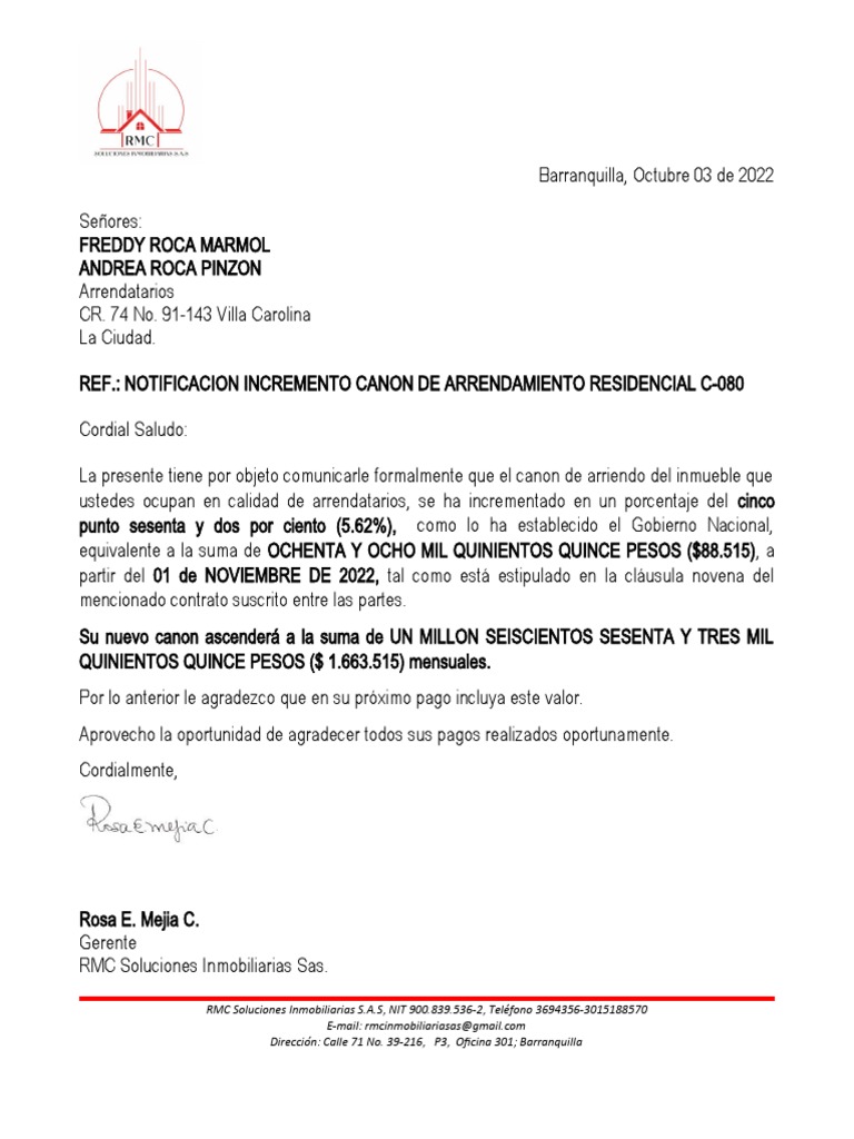 Carta Incremento Arriendo 2022 | PDF