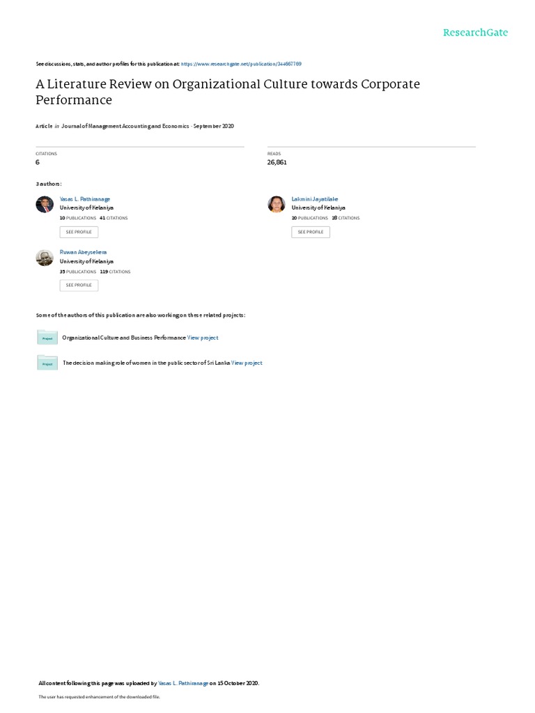 Literature Review Organizational Culture Towards Corporate Performance ...