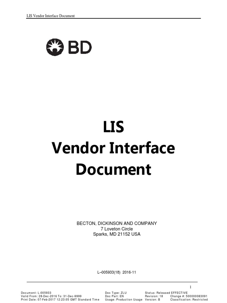 LIS Vender Interface Spec 2 - Rev L-005933 (18) 2016-11 | PDF | Specification (Technical ...