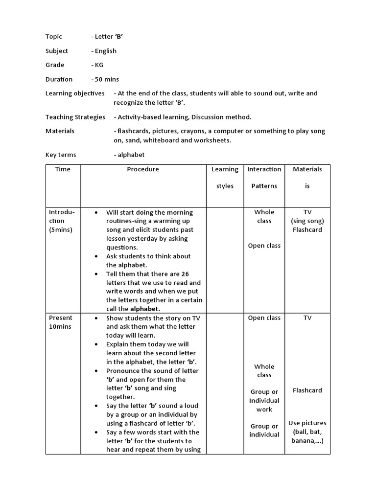 Letter B Lesson Plan for Kindergarten | PDF | Lesson Plan | Letter Case