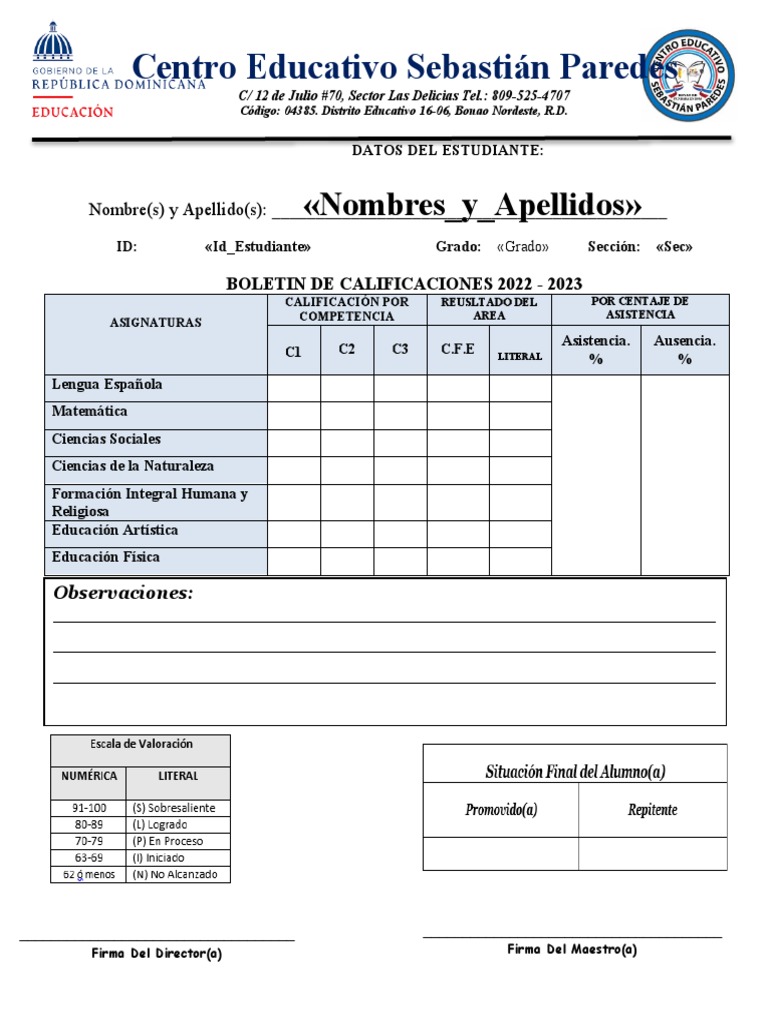 Informe Calificacion (Boletin de Notas 1ERO A) 2022-2023 | PDF