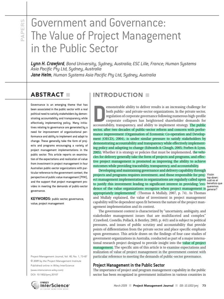 Crawford & Helm 2009 Government and Governance The Value of Project Management in The Public ...