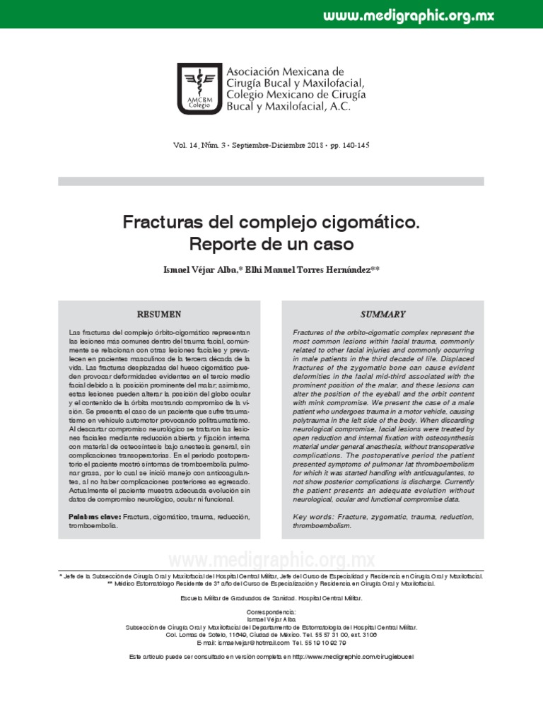 Fracturas Del Complejo Cigomático. Reporte de Un Caso: Ismael Véjar ...