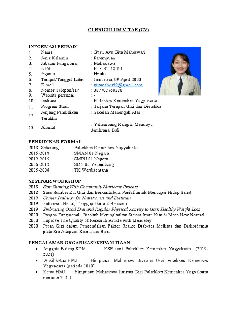 Gusti Ayu Gita Maheswari - STR Gizi - CV | PDF