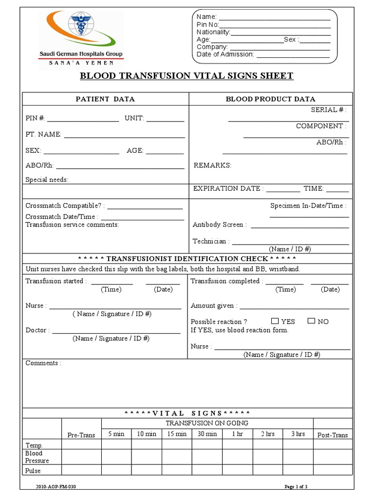 030_Blood Transfusion Vital Signs Sheet | PDF | Blood Transfusion ...