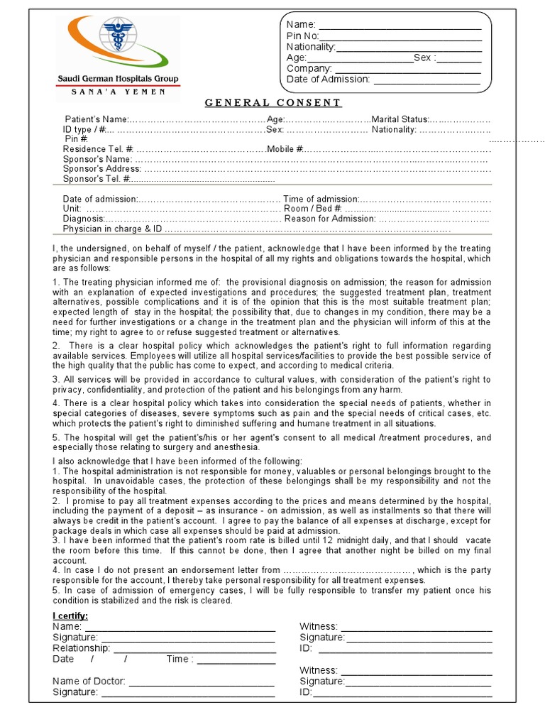 004 General Consent English (Front) | PDF | Patient | Medical Diagnosis