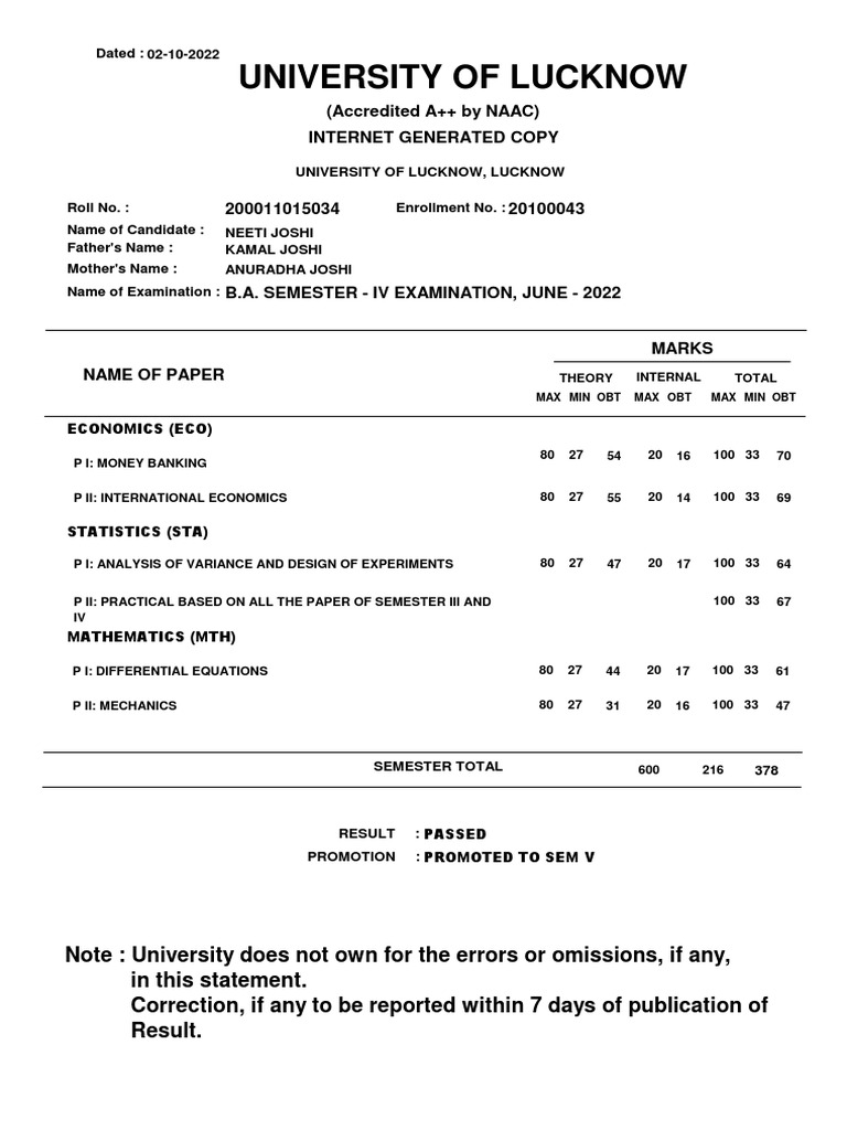 University of Lucknow: Internet Generated Copy (Accredited A++ by NAAC ...