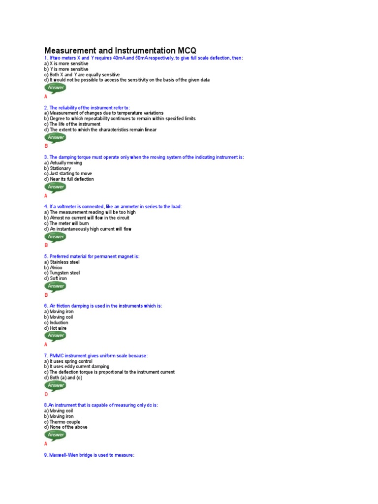 Instrumentation MCQ Objectives 10 | PDF