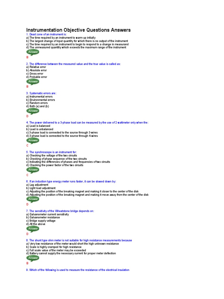 Measurement Instrumentation Objective Questions Answers 02 | PDF