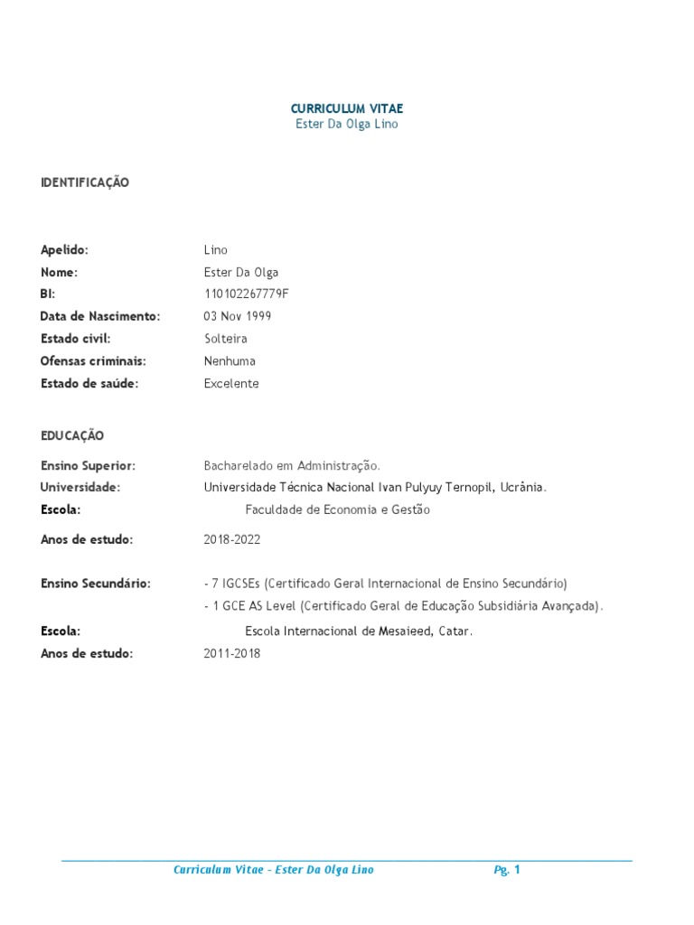 Ester Da Olga Lino-CV - PT | PDF
