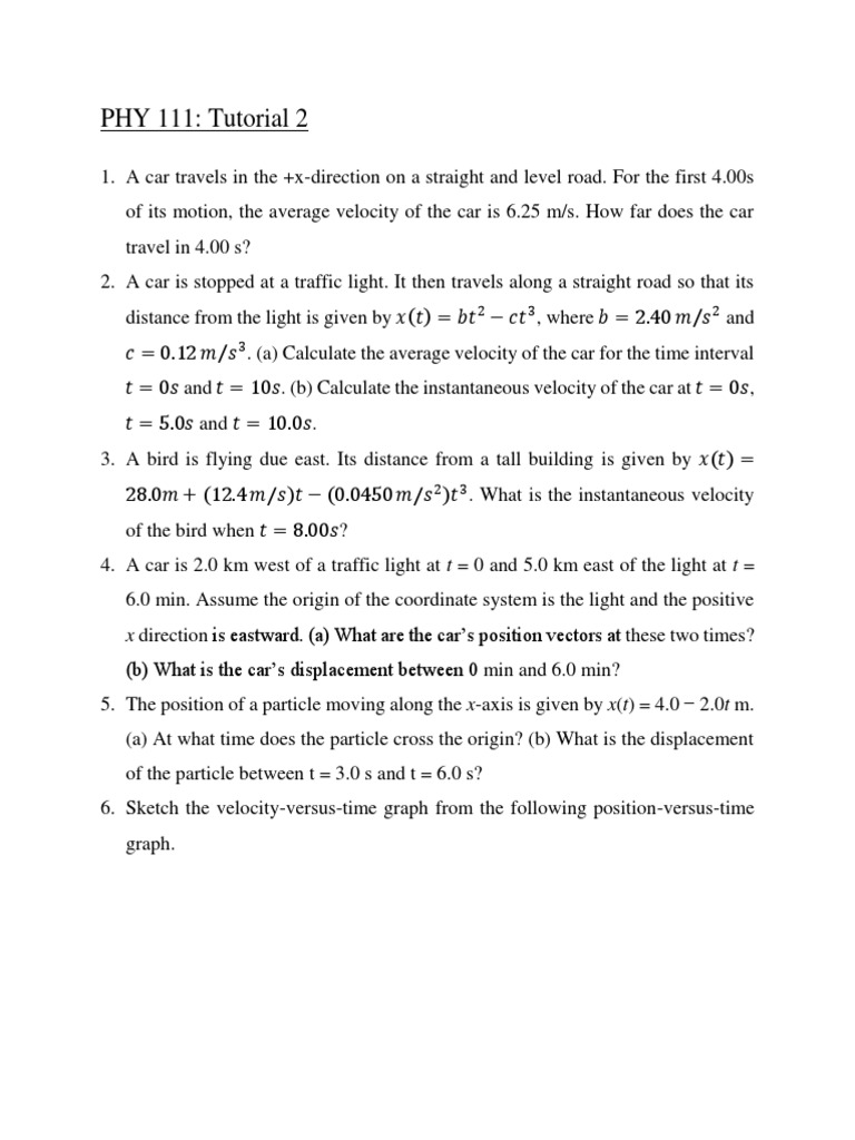 PHY 111 Tutorial 2 | PDF | Velocity | Acceleration