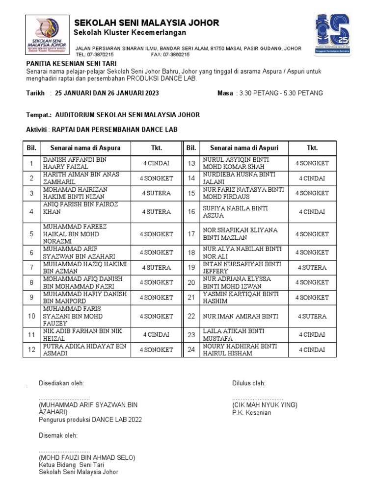 Borang Kebenaran Peminjaman Auditorium Dance Lab | PDF