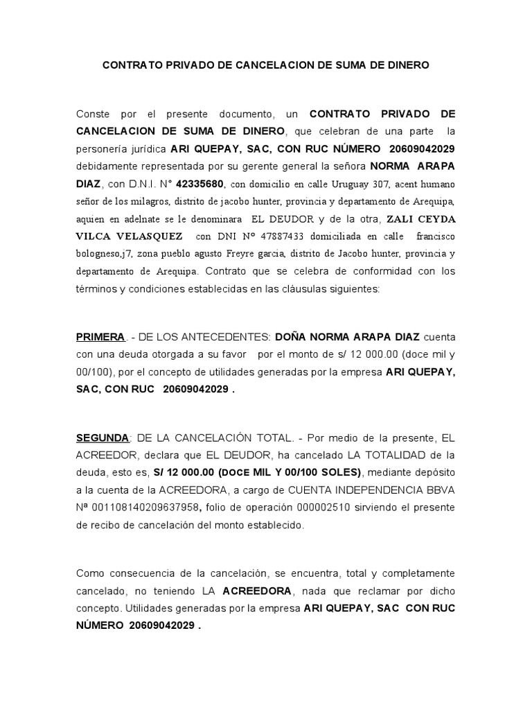 Contrato de Cancelación de Deuda en Arequipa | PDF | Justicia | Crimen ...