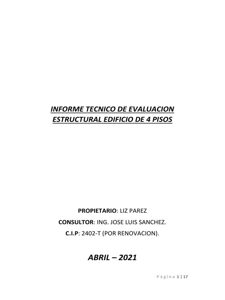 Informe Tecnico de Evaluacion Estructural. Edificio 4 Pisos | PDF | Concreto reforzado | Hormigón